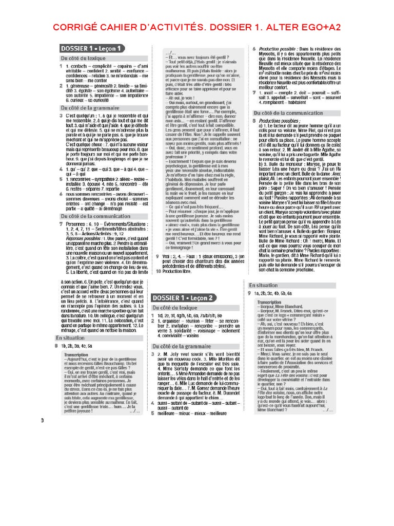 Alter Ego 2 Corrige Cahier Dactivites | PDF