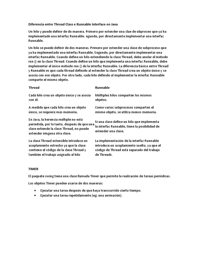 Diferencia Entre Thread Class e Runnable Interface en Java | PDF