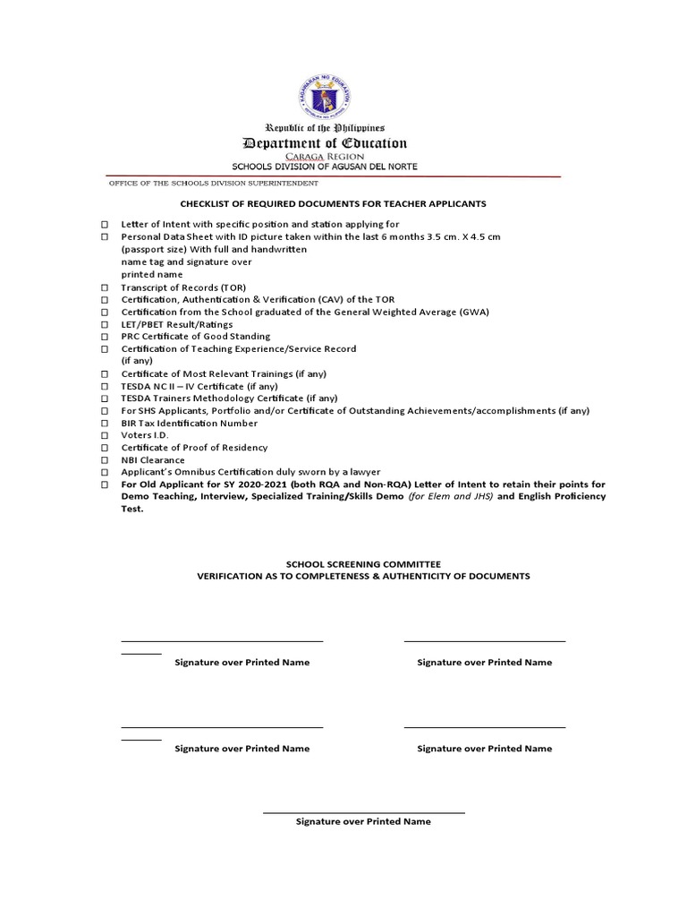 Checklist of Required Documents For Teacher Applicants | PDF