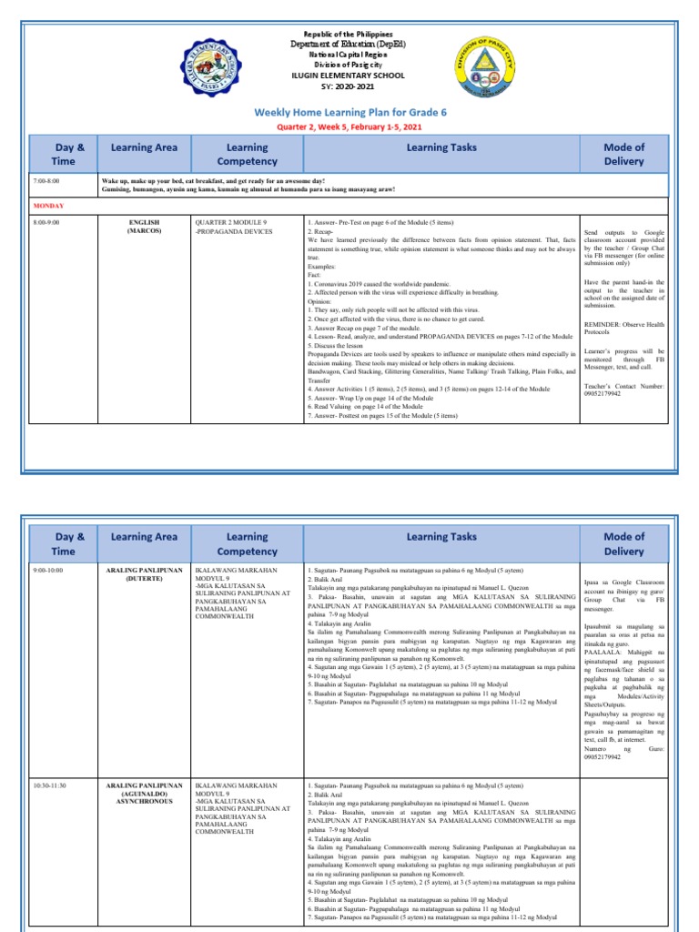 Weekly Home Learning Plan For Grade 6: Time Learning Area Learning Competency Learning Tasks ...