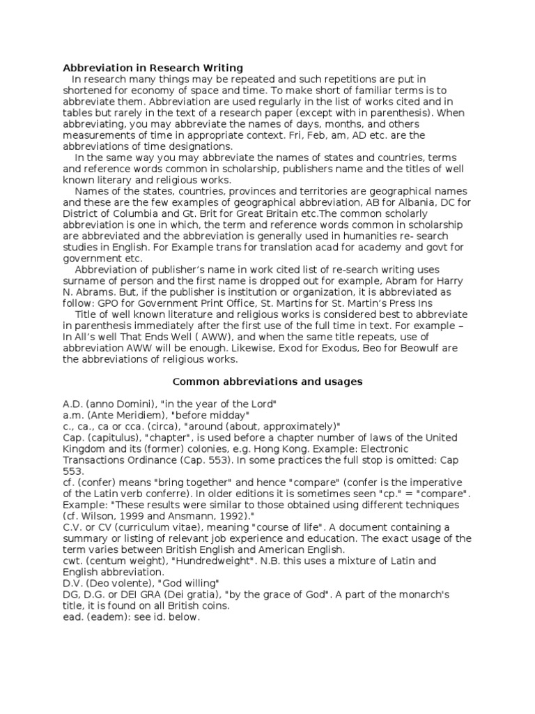 Abbreviation in Research Writing | PDF | Bachelor's Degree | Master Of Arts