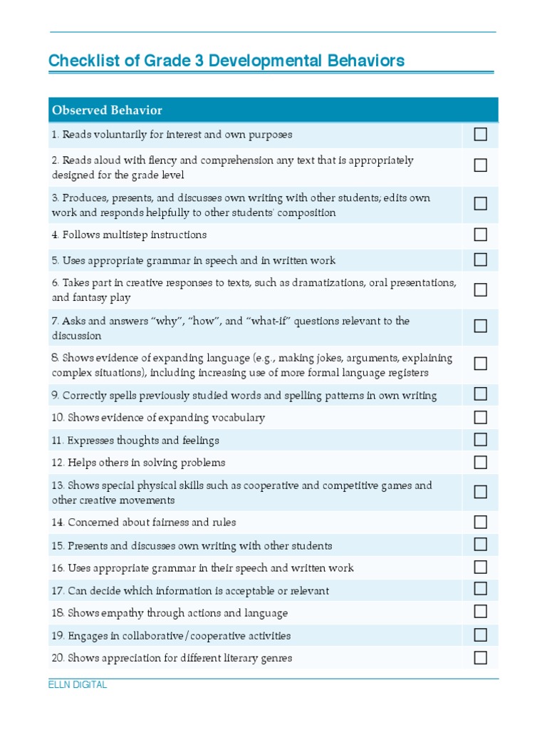 3rd Grade Developmental Behaviors Checklist | PDF | Speech | Human Nature