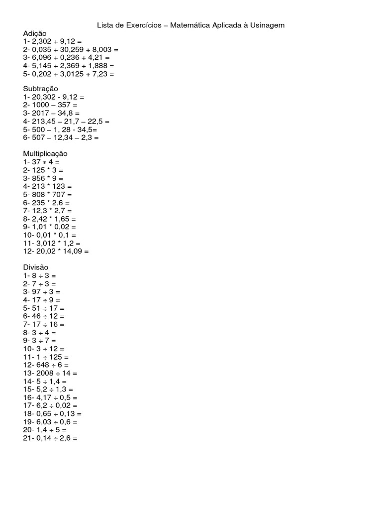 Lista De Exercícios Operações Básicas Pdf