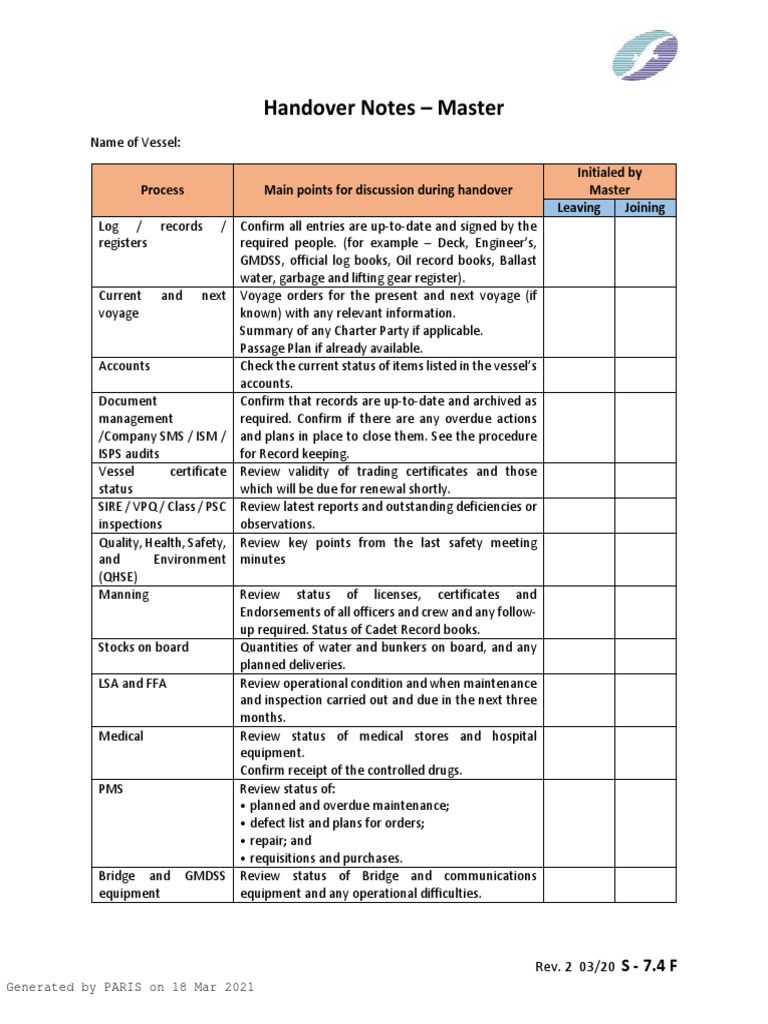 Master Handing Over Note - s7.4f | PDF | Waterway And Maritime | Transport