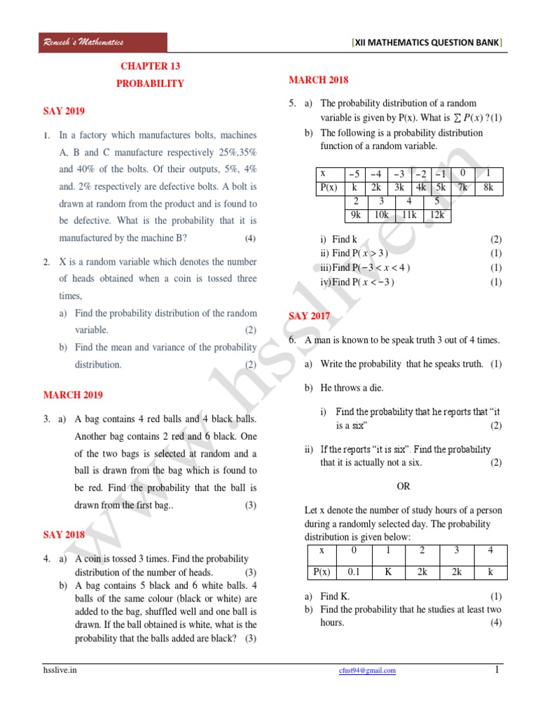 Hsslive-Ch 13 Probability | PDF | Probability Distribution | Random ...