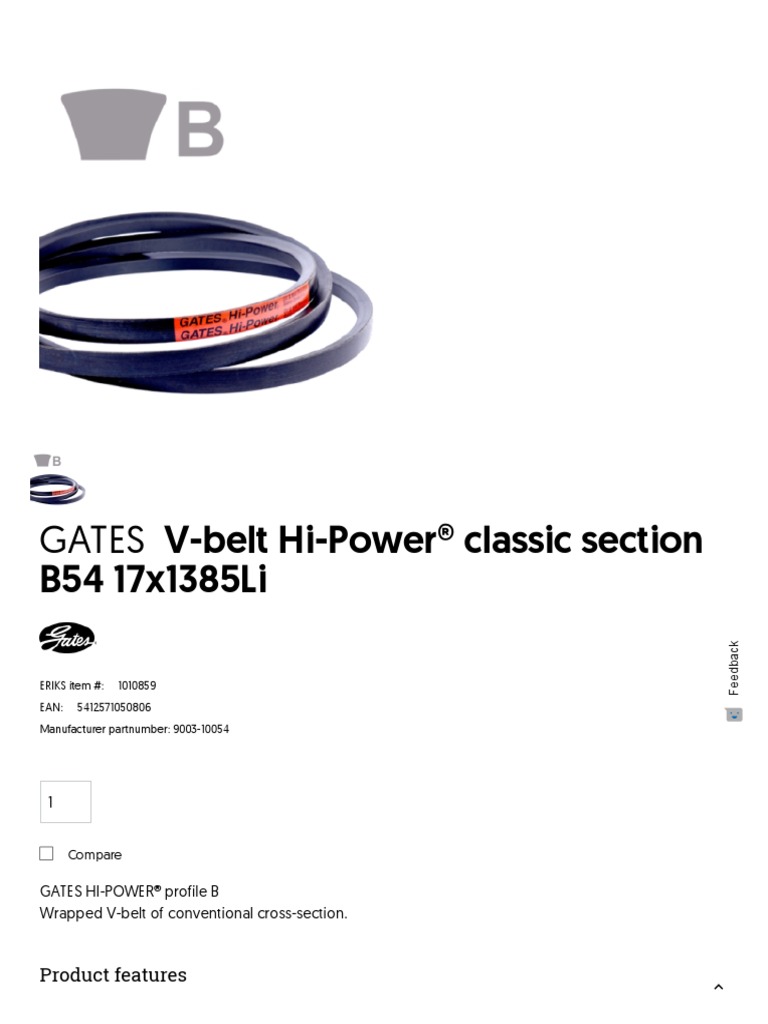 GATES V-Belt Hi-Power® Classic Section B54 17x1385li | PDF | Belt ...