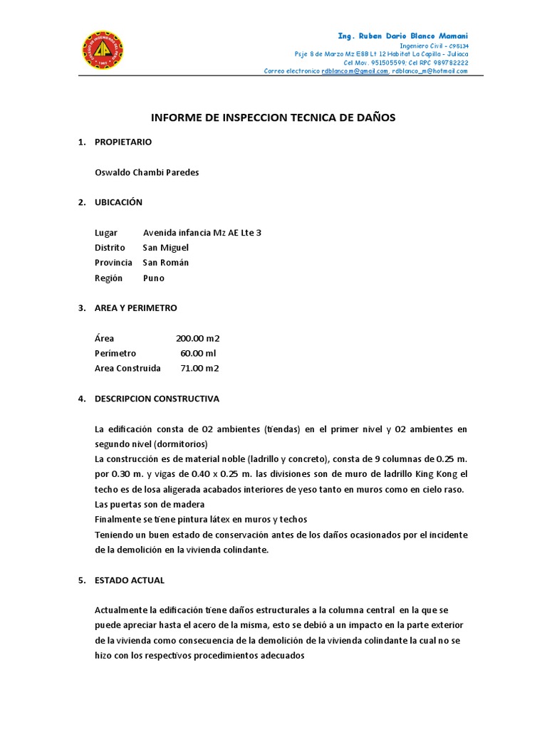 Informe de Inspeccion Tecnica de Daños | PDF | Materiales | Diseño arquitectonico