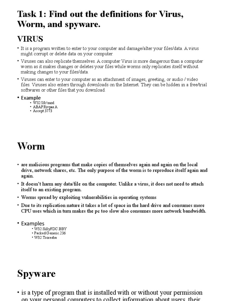 Task 1: Find Out The Definitions For Virus, Worm, and Spyware | PDF ...