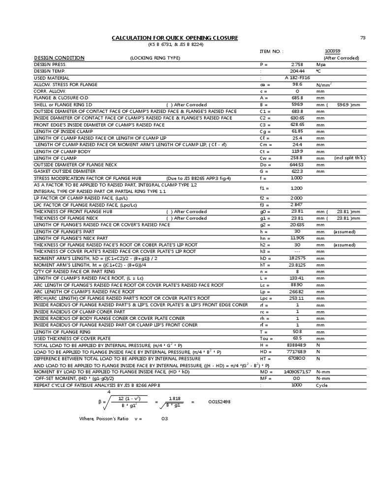 Calculation For Quick Opening Closure: Design Condition | PDF | Gas ...