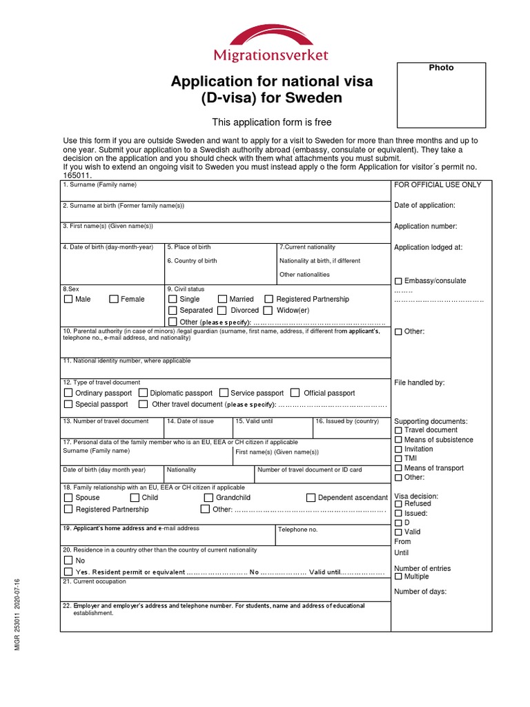 Application For National Visa (D-Visa) For Sweden: This Application ...