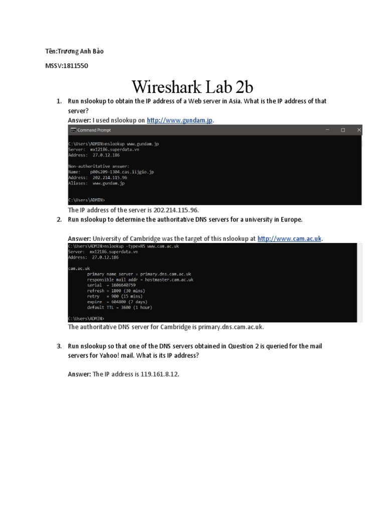 Wireshark Lab 2b: I Used Nslookup On | Download Free PDF | Domain Name ...