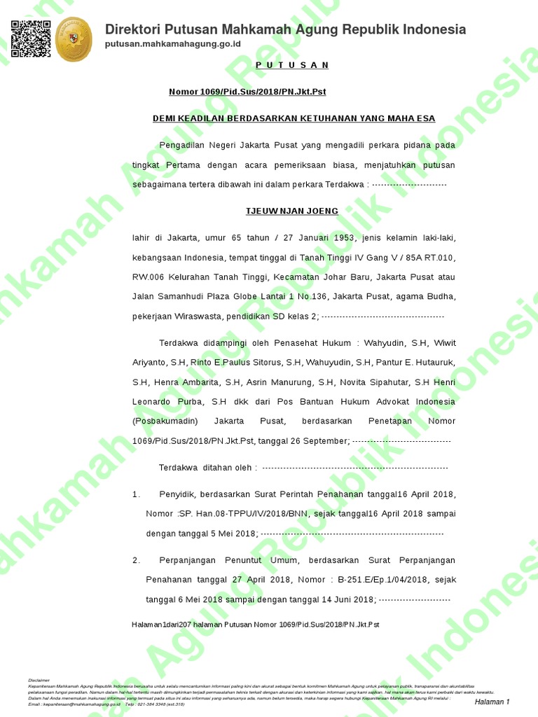 Putusan 1069 Pid - Sus 2018 PN JKT - PST 20201125 | PDF