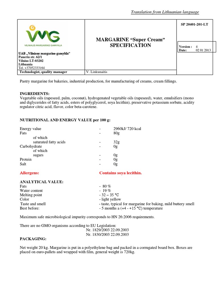 MARGARINE "Super Cream" Specification: Ingredients | PDF | Margarine ...