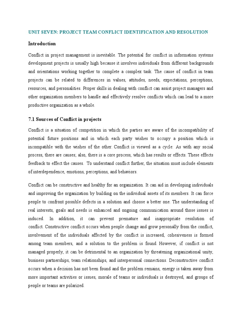 Unit 7 Project Team Conflict Identification and Resolution | PDF ...
