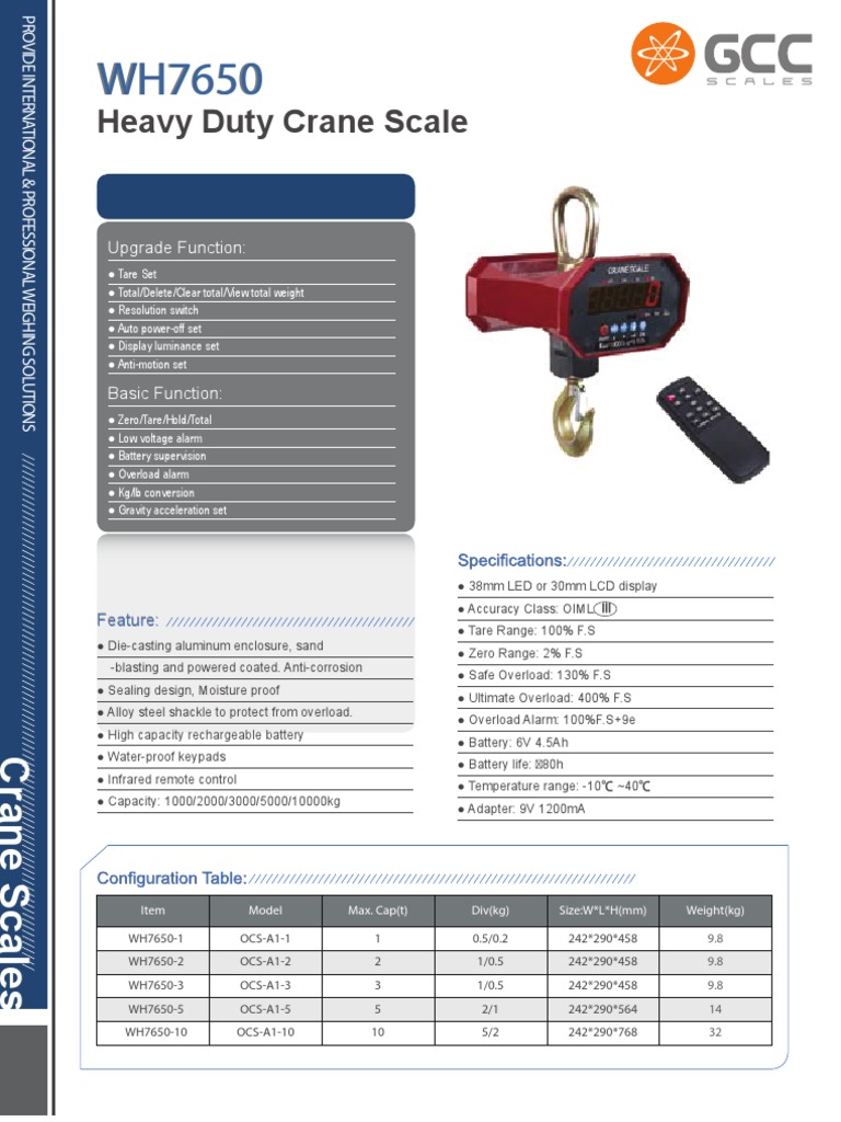 GCC Scales - Crane Scales WH7650 | PDF | Weight | Manufactured Goods