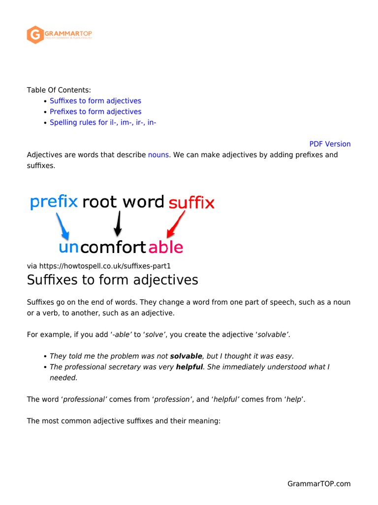 Adjective Formation: Prefixes & Suffixes | PDF | Adjective | Part Of Speech
