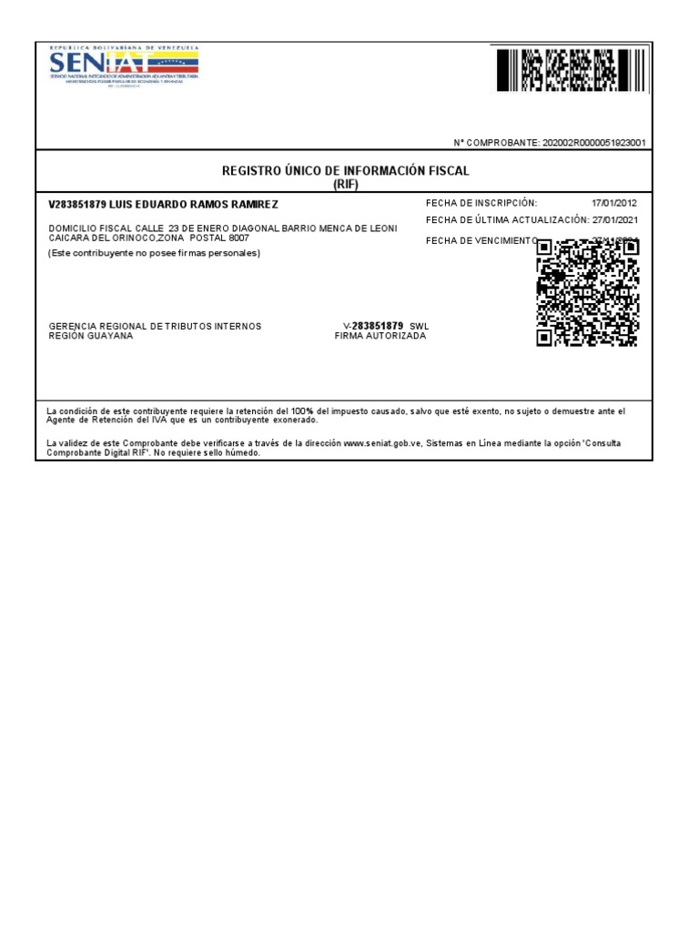 Registro Único de Información Fiscal (RIF) : V283851879 Luis Eduardo Ramos Ramirez | PDF
