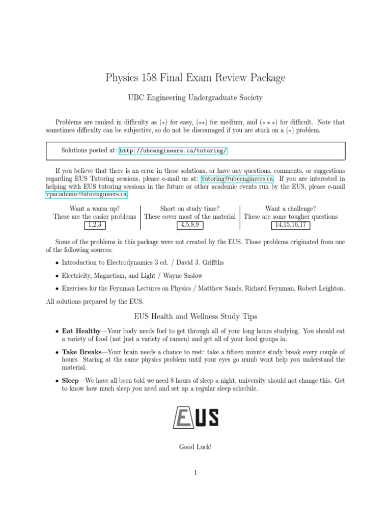 Physics 158 Final Exam Review Package: UBC Engineering Undergraduate ...