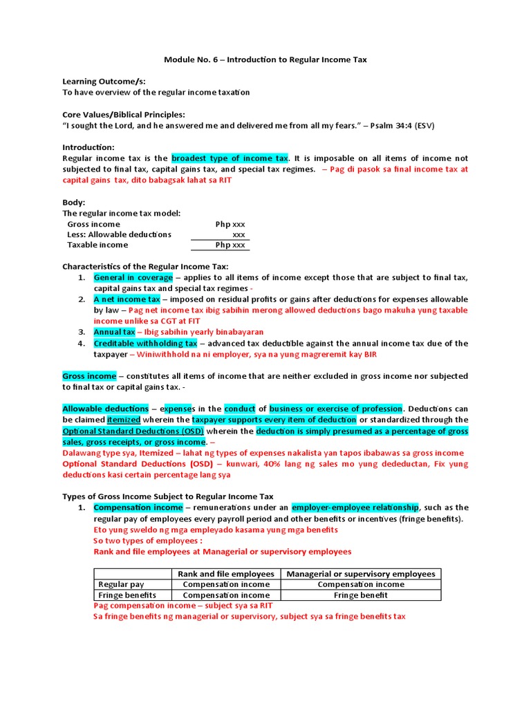 Module No 6 - Intro To Regular Income Tax | PDF | Gross Income | Income Tax