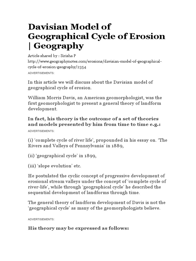 Davisian Model of Geographical Cycle of Erosion | PDF | Erosion | Valley