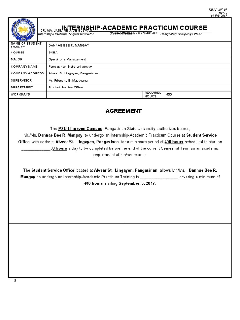 Internship-Academic Practicum Course: Agreement | PDF