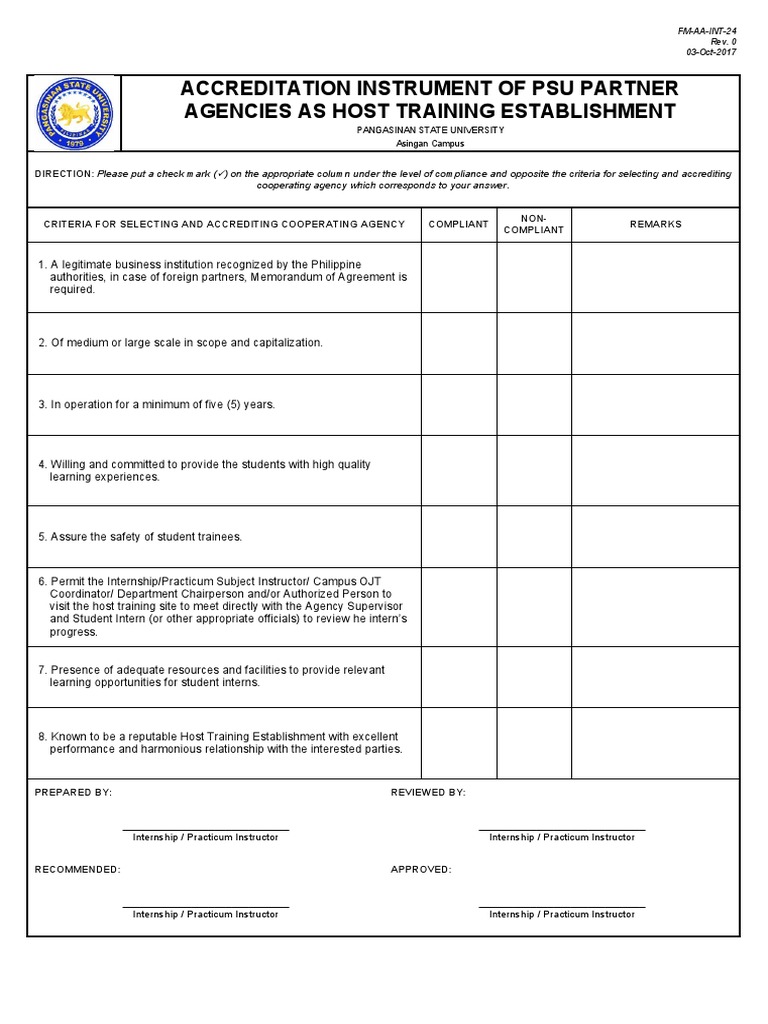 Accreditation Instrument of Psu Partner Agencies As Host Training ...