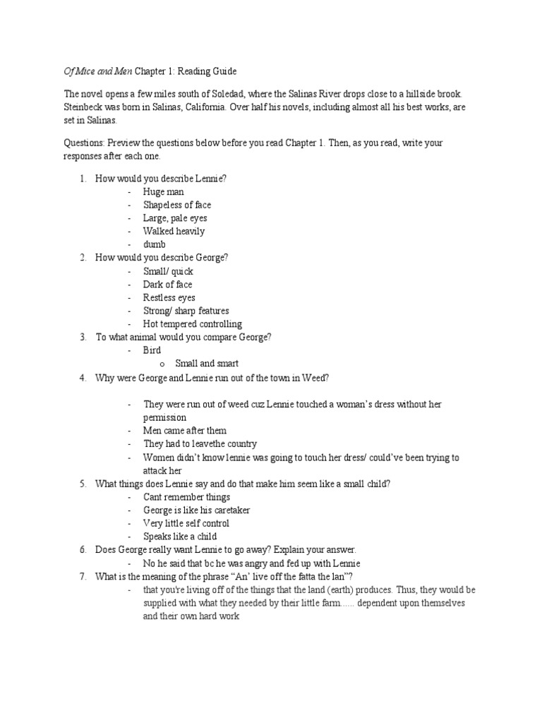 Of Mice and Men Chapter 1: Reading Guide | PDF