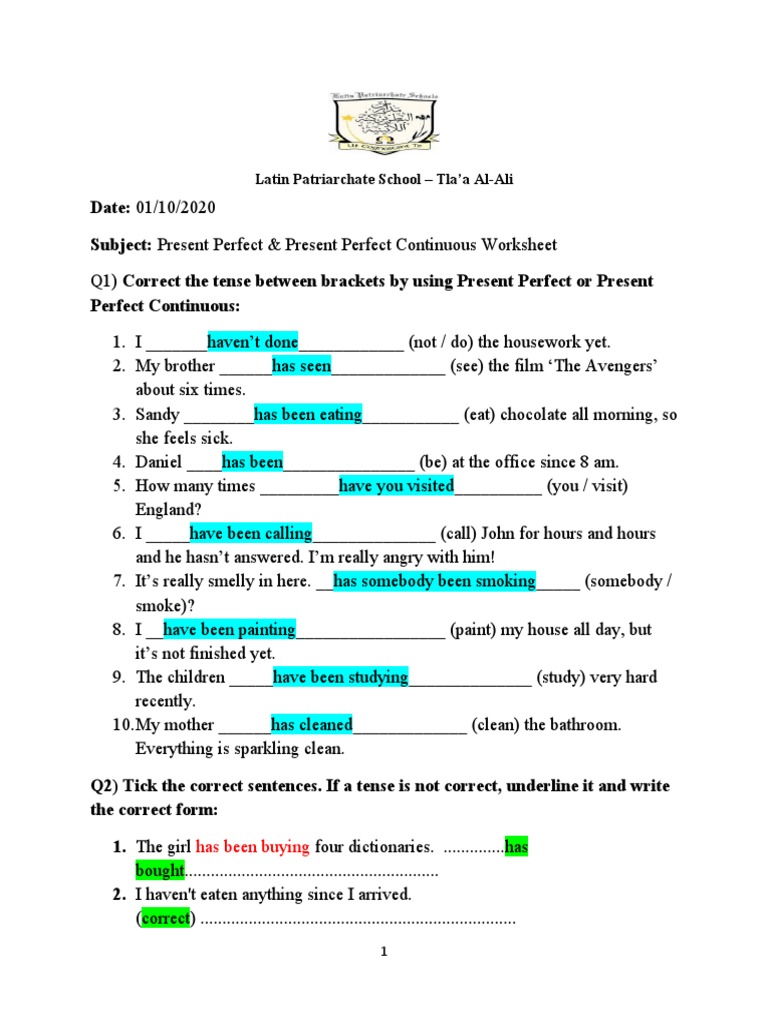 Present Perfect & Present Perfect Continuous Worksheet | PDF | Language ...
