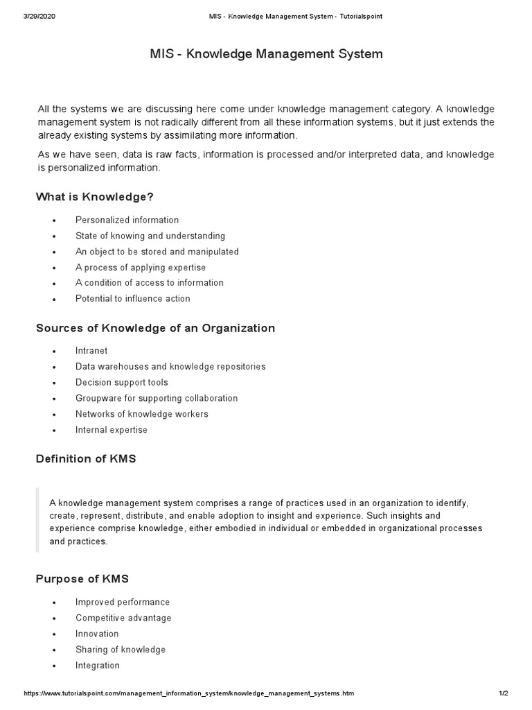 MIS - Knowledge Management System - Tutorialspoint | PDF | Knowledge Management | System