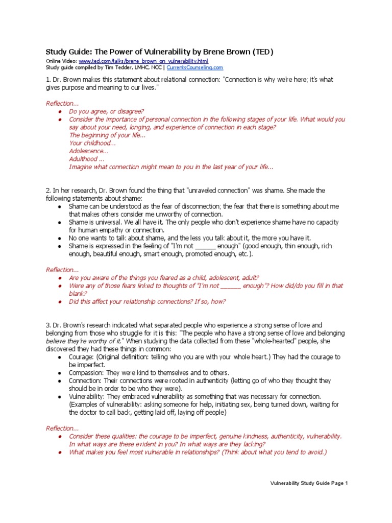 Study Guide: The Power of Vulnerability by Brene Brown (TED) | PDF ...