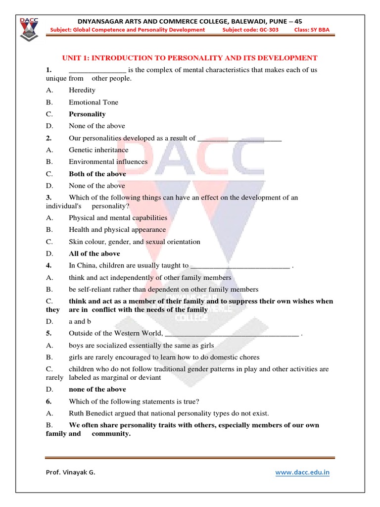 MCQ Global Competence and Personality Development GC 303 SY BBA | PDF | Id | Extraversion And ...