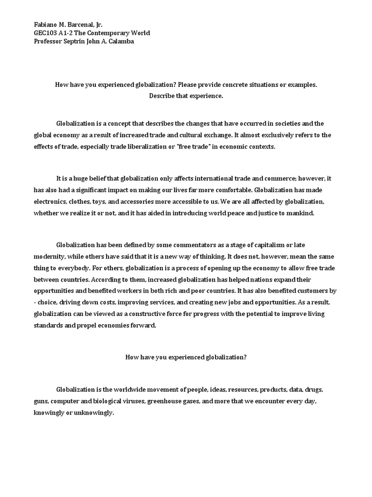 Personal Experiences of Globalization | PDF | Globalization | News