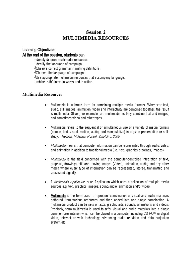 Session 2 Multimedia Resources: Learning Objectives: at The End of The ...