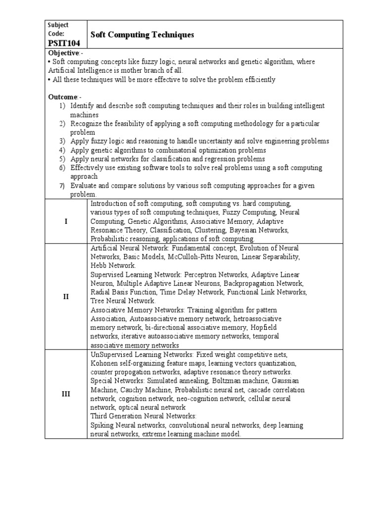 PSIT104 Soft Computing Techniques: Objective | PDF | Artificial Neural Network | Fuzzy Logic