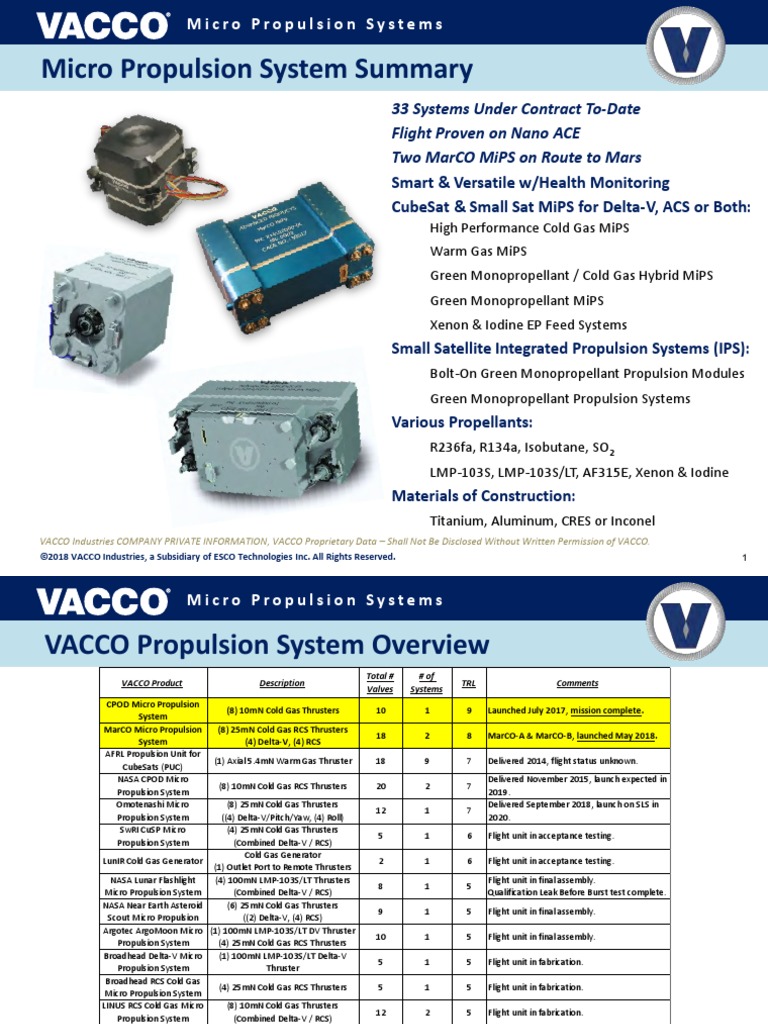 VACCO Micro Propulsion Systems Summary Web2 Sept2018 | PDF | Spacecraft ...