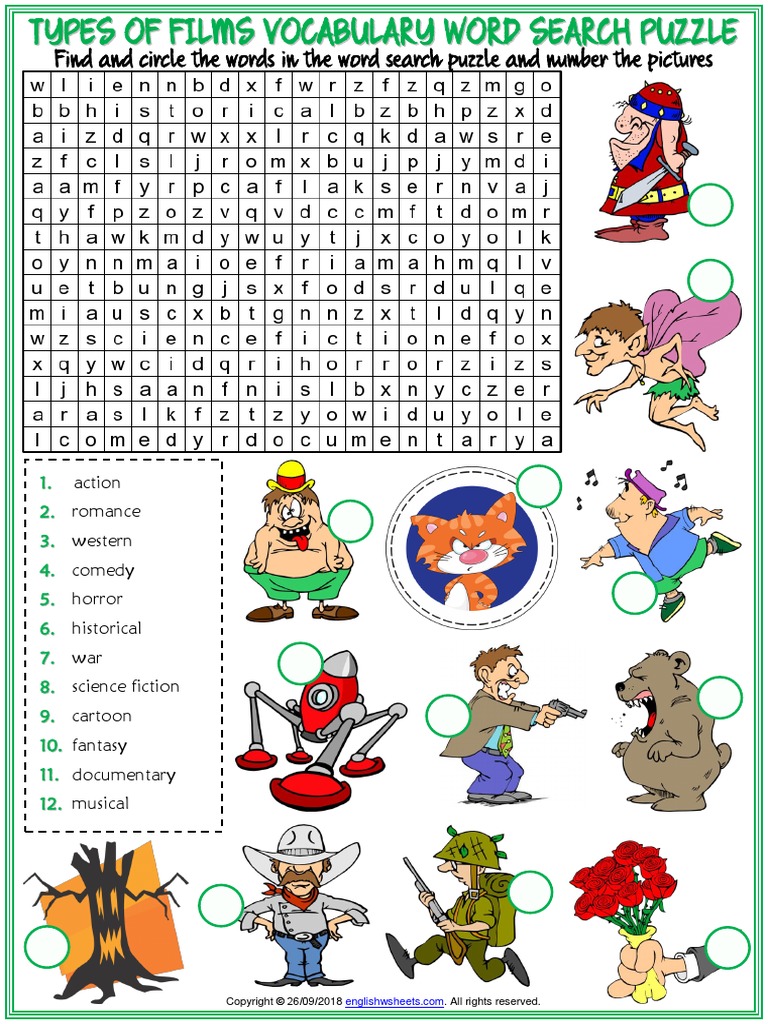 Types of Films Vocabulary Esl Word Search Puzzle Worksheet For Kids | PDF