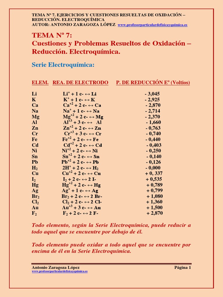 Tema7 Cuestiones y Ejercicios Sobre Oxidacion Reduccion Serie Electroquimica | PDF | Redox ...