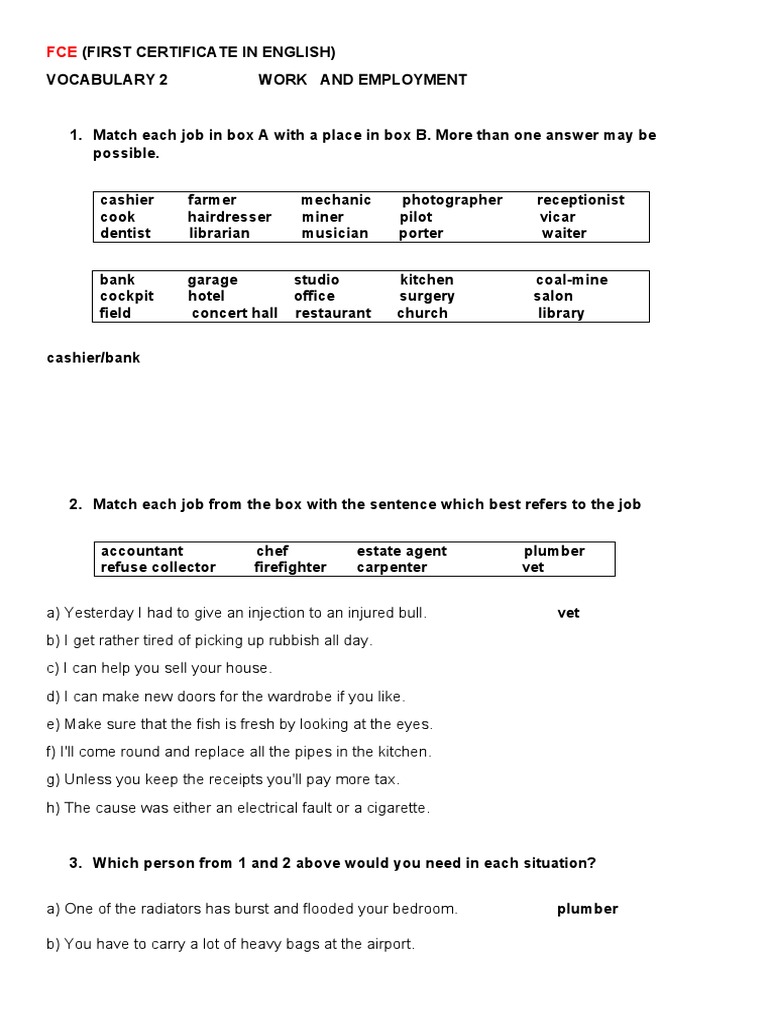 FCE Vocabulary: Work & Employment | PDF | Salary | Employment