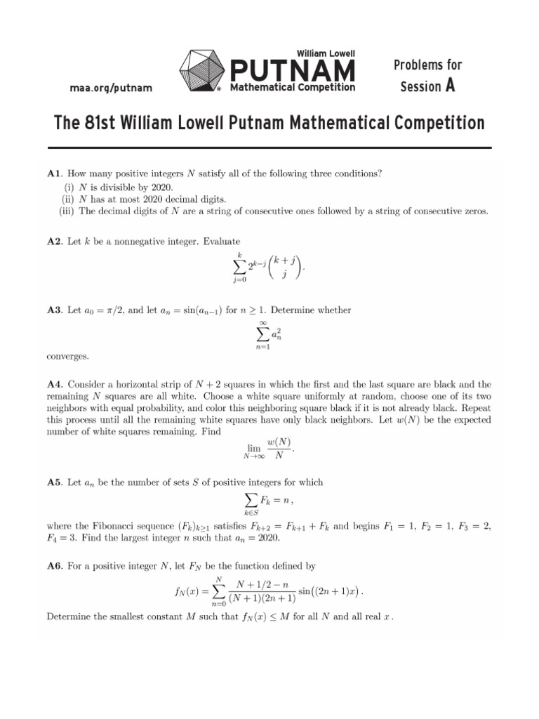 Putnam: The 81st William Lowell Putnam Mathematical Competition A | PDF