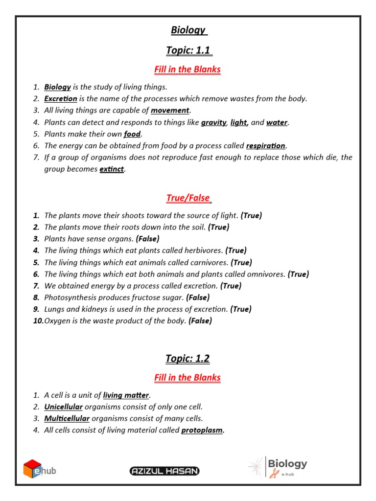 Biology Topic: 1.1: Fill in The Blanks | PDF | Protozoa | Cell (Biology)