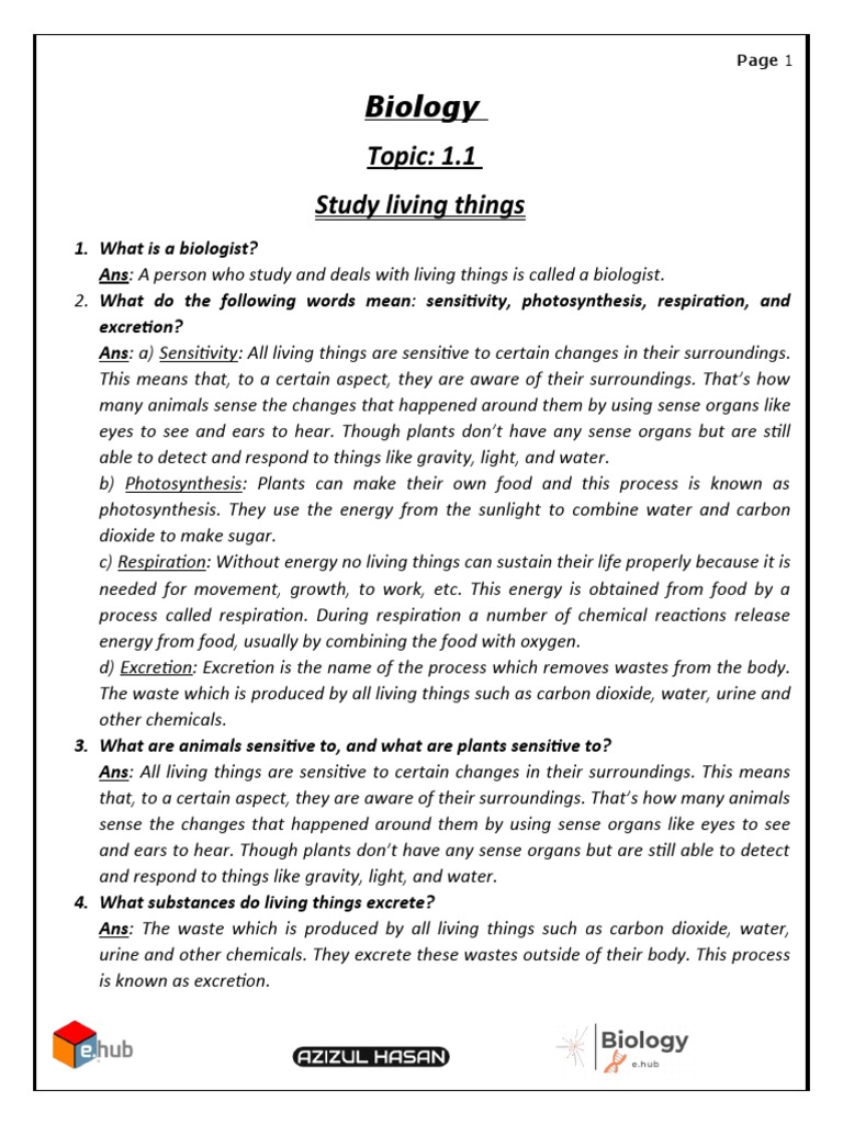 Biology Topic: 1.1 Study Living Things | PDF | Protozoa | Excretion