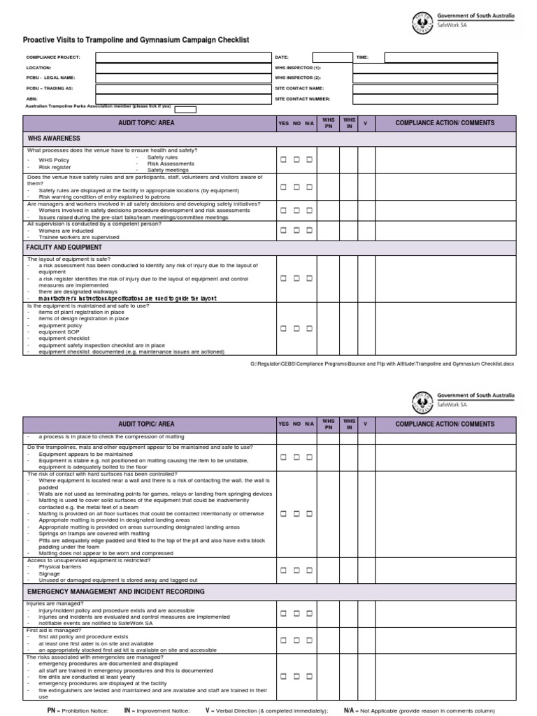 Proactive Visits To Trampoline and Gymnasium Campaign Checklist | PDF ...