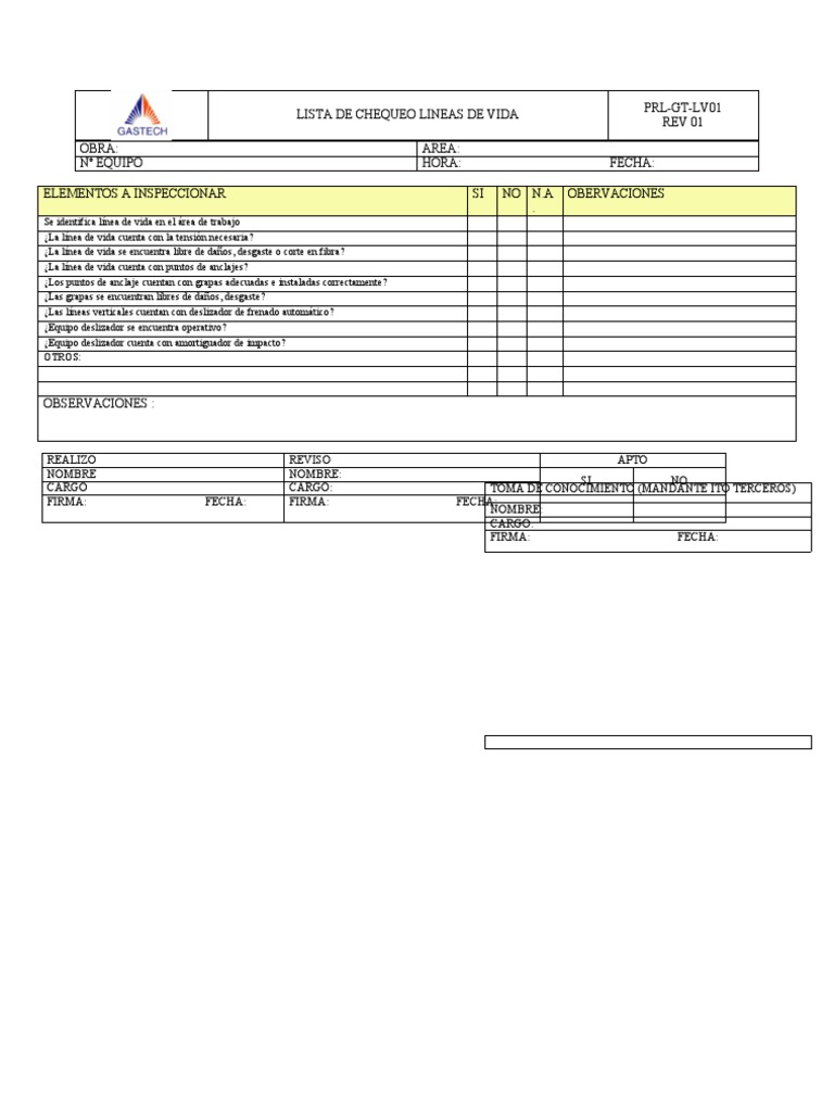 Lista de Chequeo Lineas de Vida | PDF