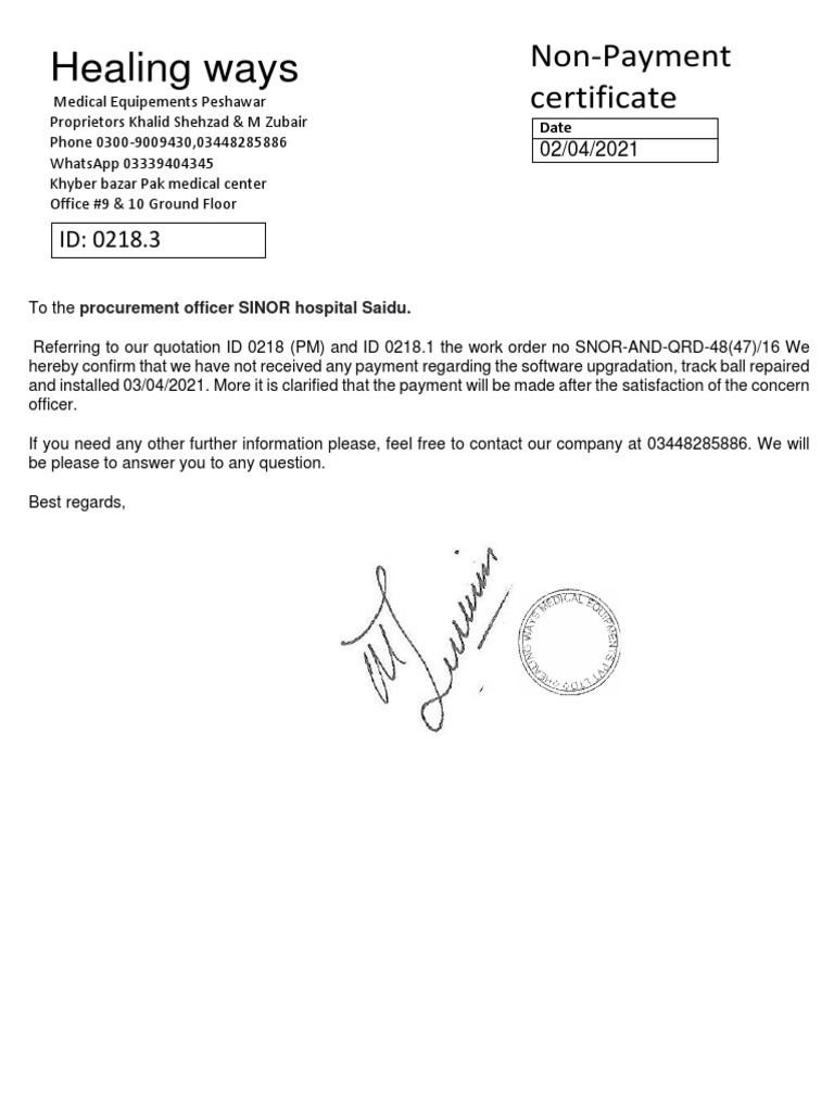 Healing Ways: Non-Payment Certificate | PDF