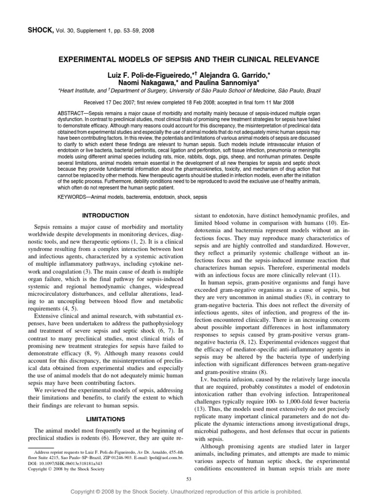 Experimental Models of Sepsis and Their Clinical Relevance: Shock | PDF ...