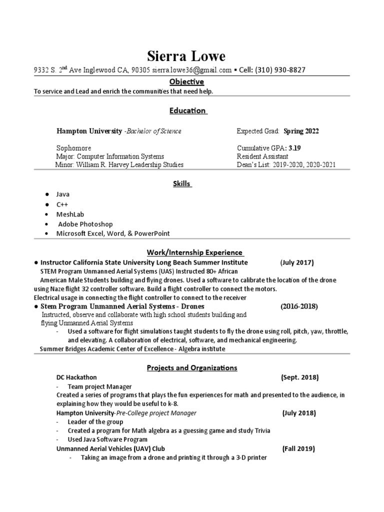 Sierra Lowe Resume 2020 Update 2 2 | PDF | Unmanned Aerial Vehicle | Aerospace