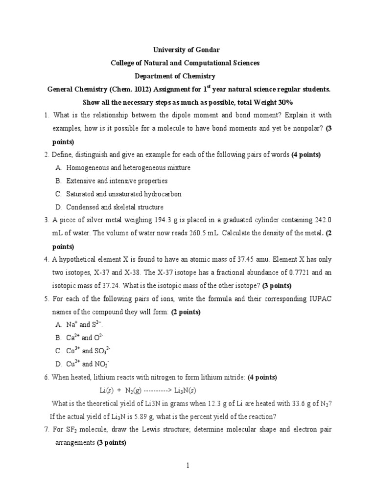 General Chemistry Assignment | PDF | Molecules | Chemical Reactions