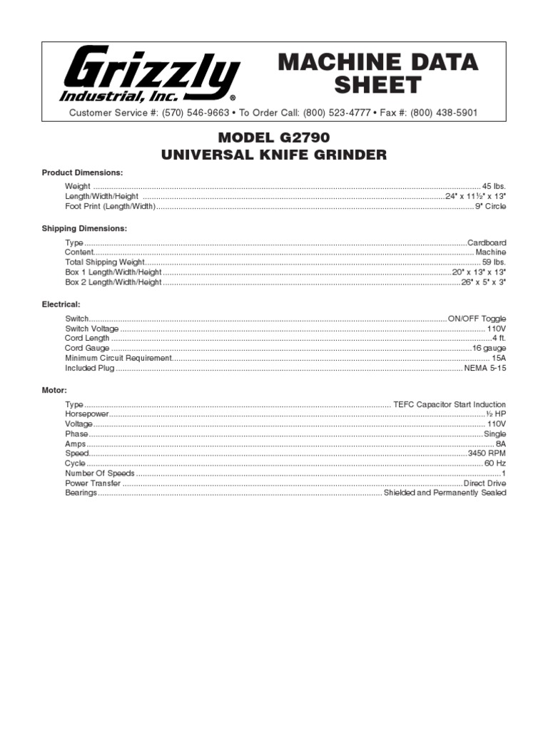 Universal Knife Grinder G2790 Specs | PDF | Electric Motor ...