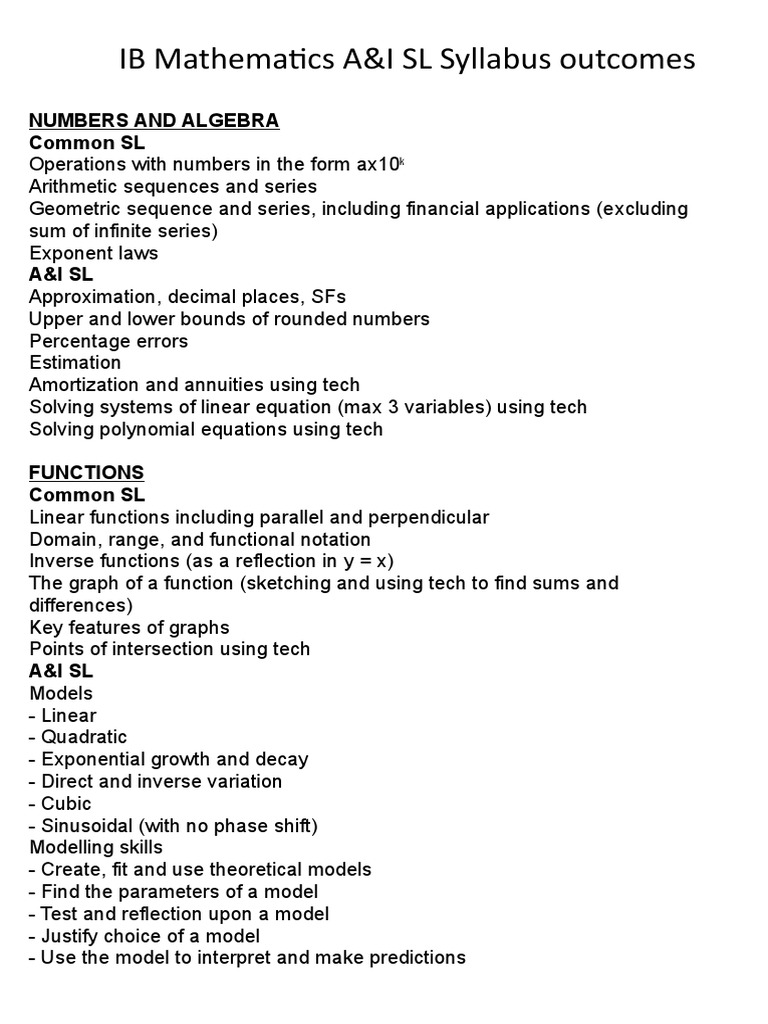 IB Mathematics A&I SL Syllabus Outcomes: Numbers and Algebra Common SL ...