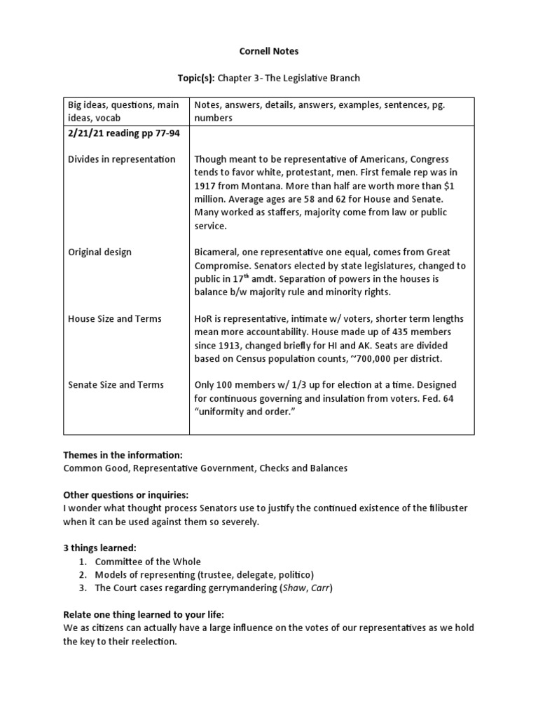 Cornell Notes Topic(s) : Chapter 3-The Legislative Branch | PDF ...